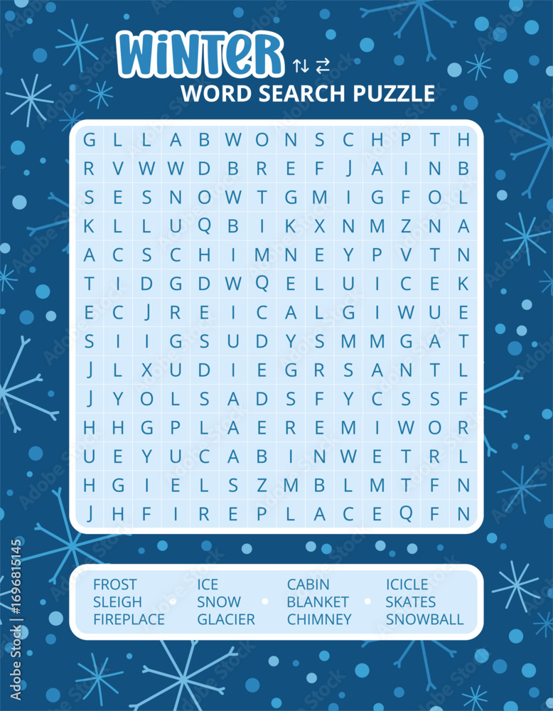 Winter word search puzzle game on a snowflakes background worksheet ...