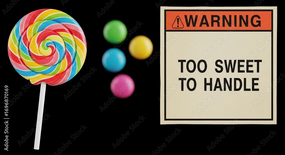 Rainbow swirl lollipop and candies warning label “Too Sweet to Handle ...