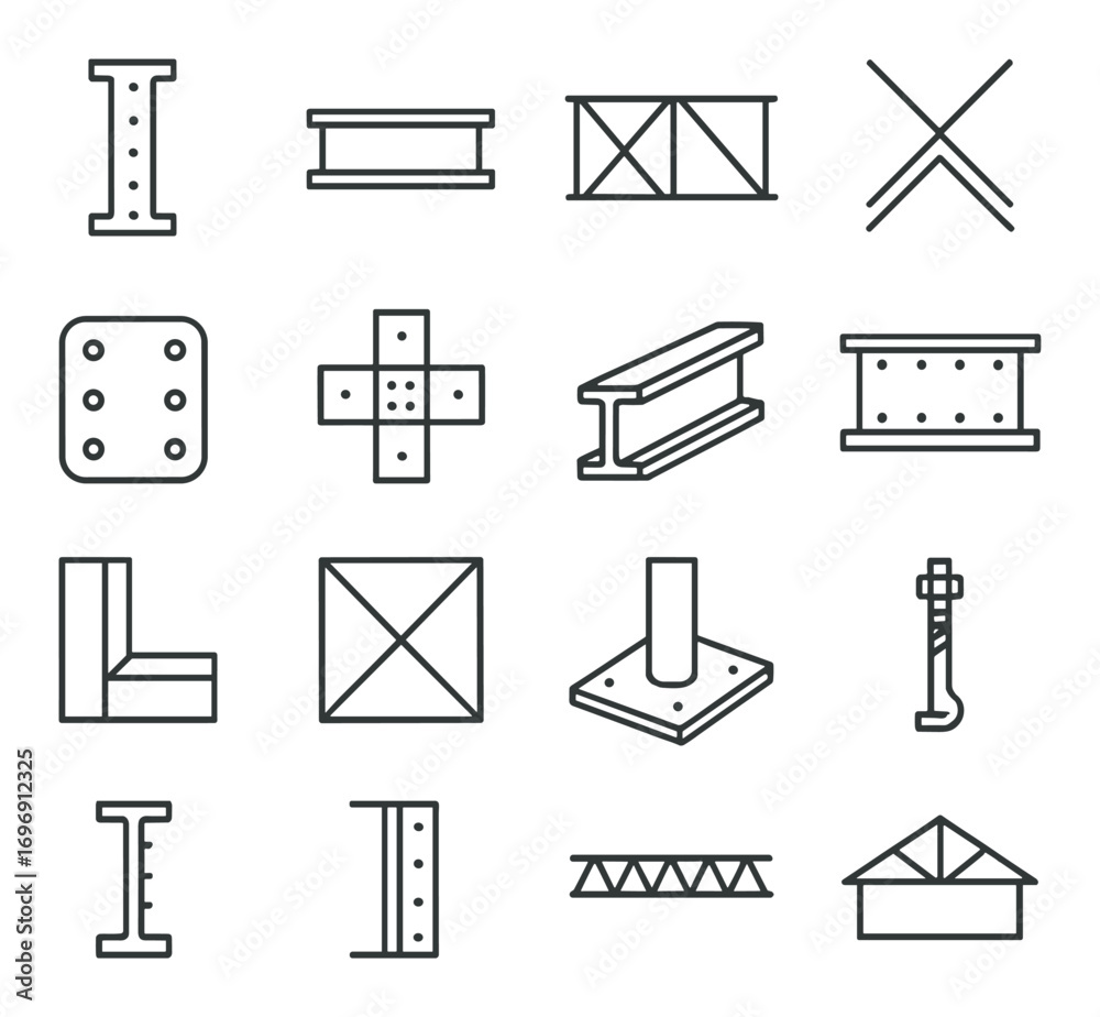 Construction materials linear icon set. featuring beam, column, cross ...