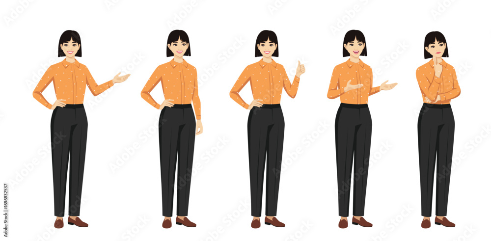 Business young woman with shirt hairstyle standing in half-turn pose ...