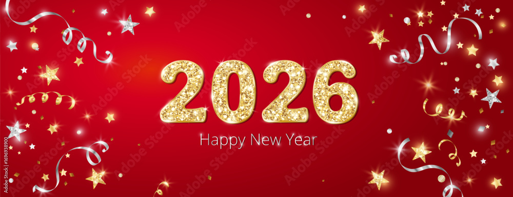 เวกเตอร์ Stock Happy new year banner. 2026 golden glitter numbers. Red ...