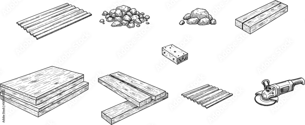 Black and white line drawing of construction materials including ...