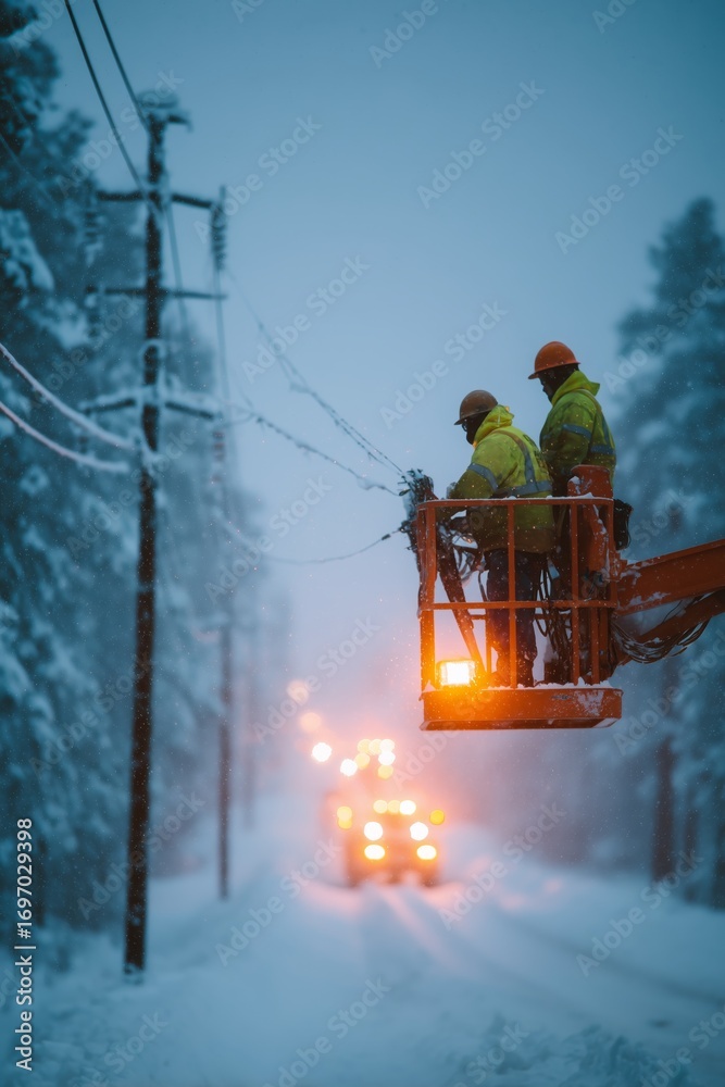 Utility workers in elevated platform fixing power lines during snowy ...