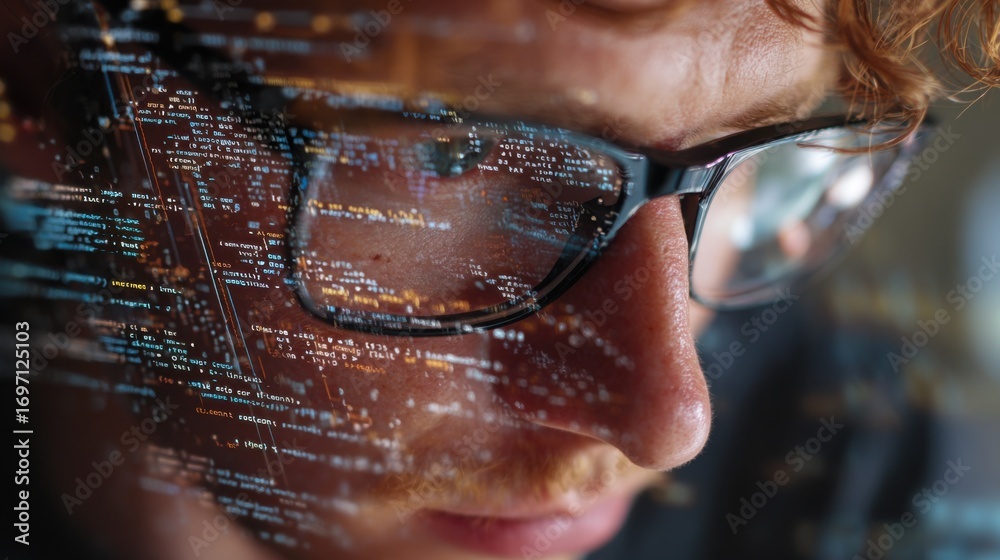 Detail of a developers face reflecting lines of code on screen as they ...