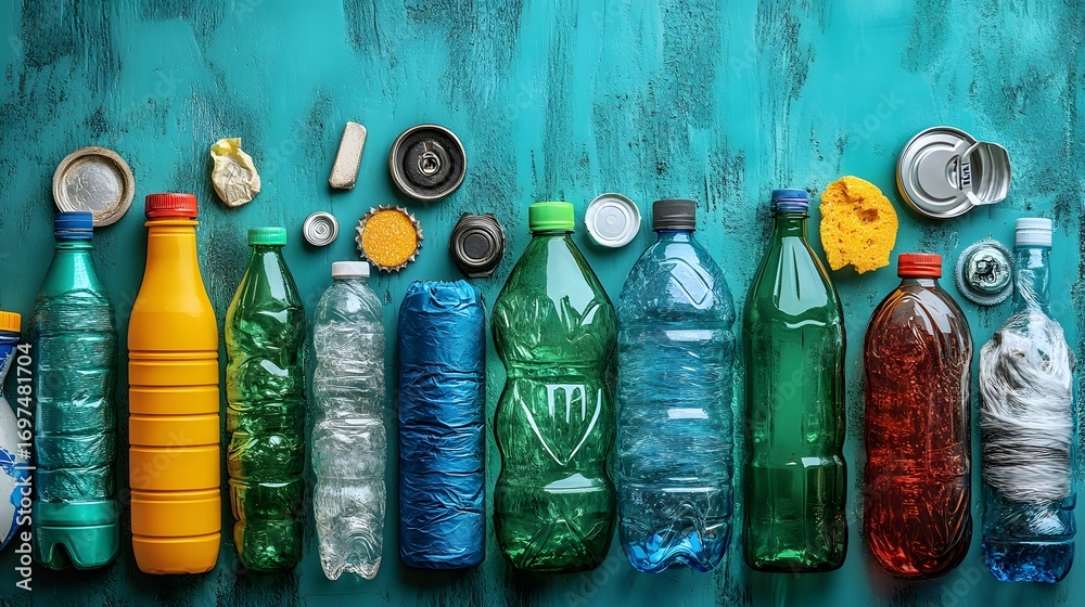 Discarded recyclables arranged on textured surface, including plastic ...