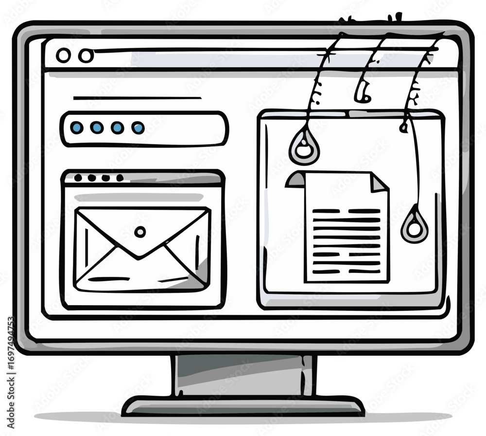 Computer monitor displaying various windows email messages and files ...