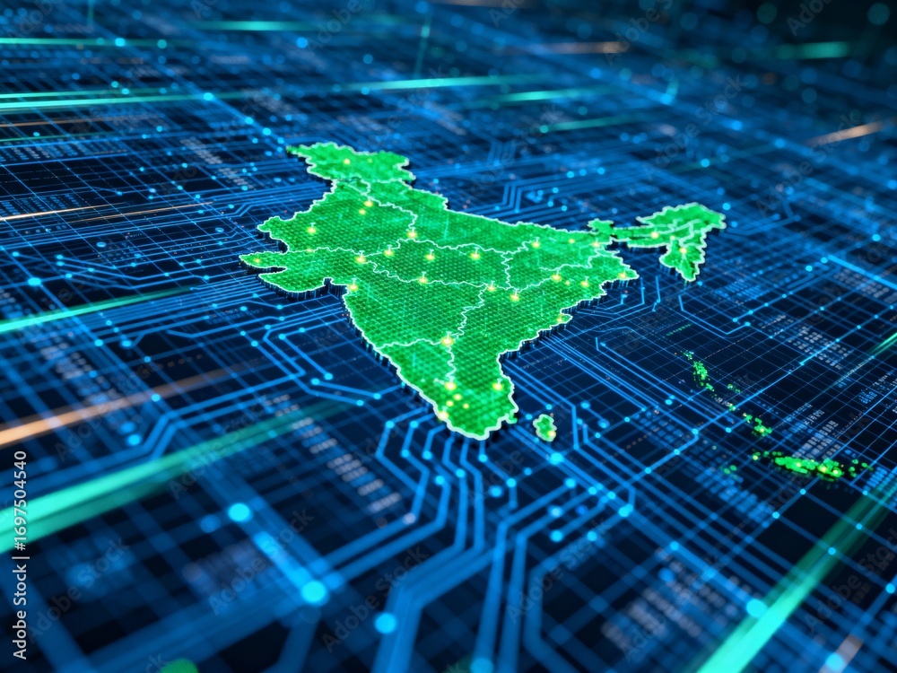 Digital India map on a futuristic electronic circuit board background ...