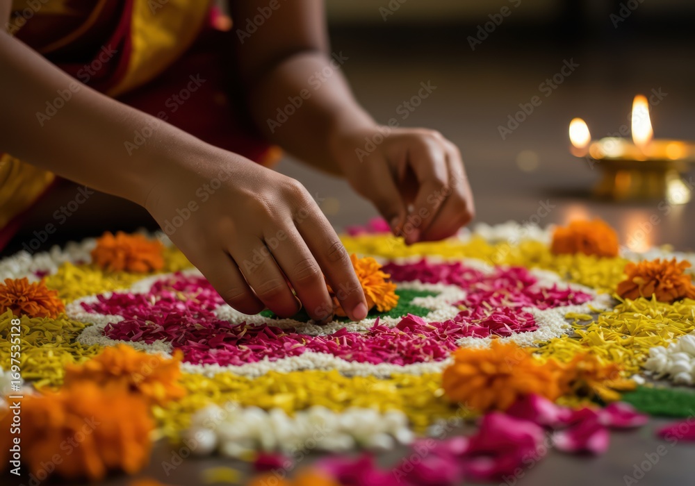 Woman hands creating a colorful floral pattern on the floor for a ...