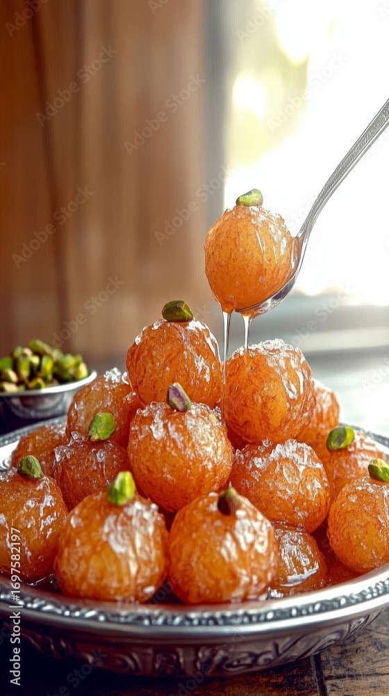 Sweet Arabic dessert luqaimat drizzled with syrup and pistachios. の ...
