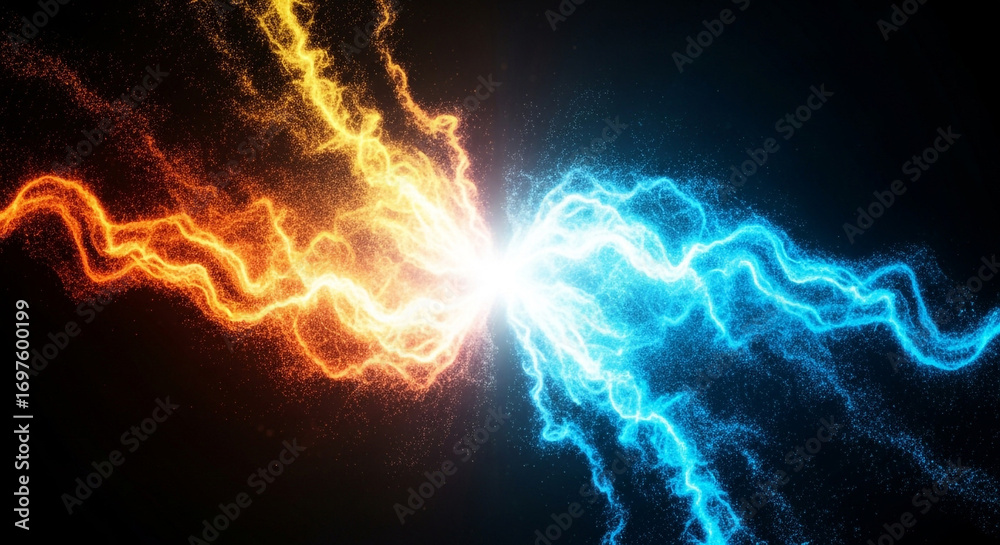 Dynamic energy clash of vibrant orange fire and electric blue lightning ...