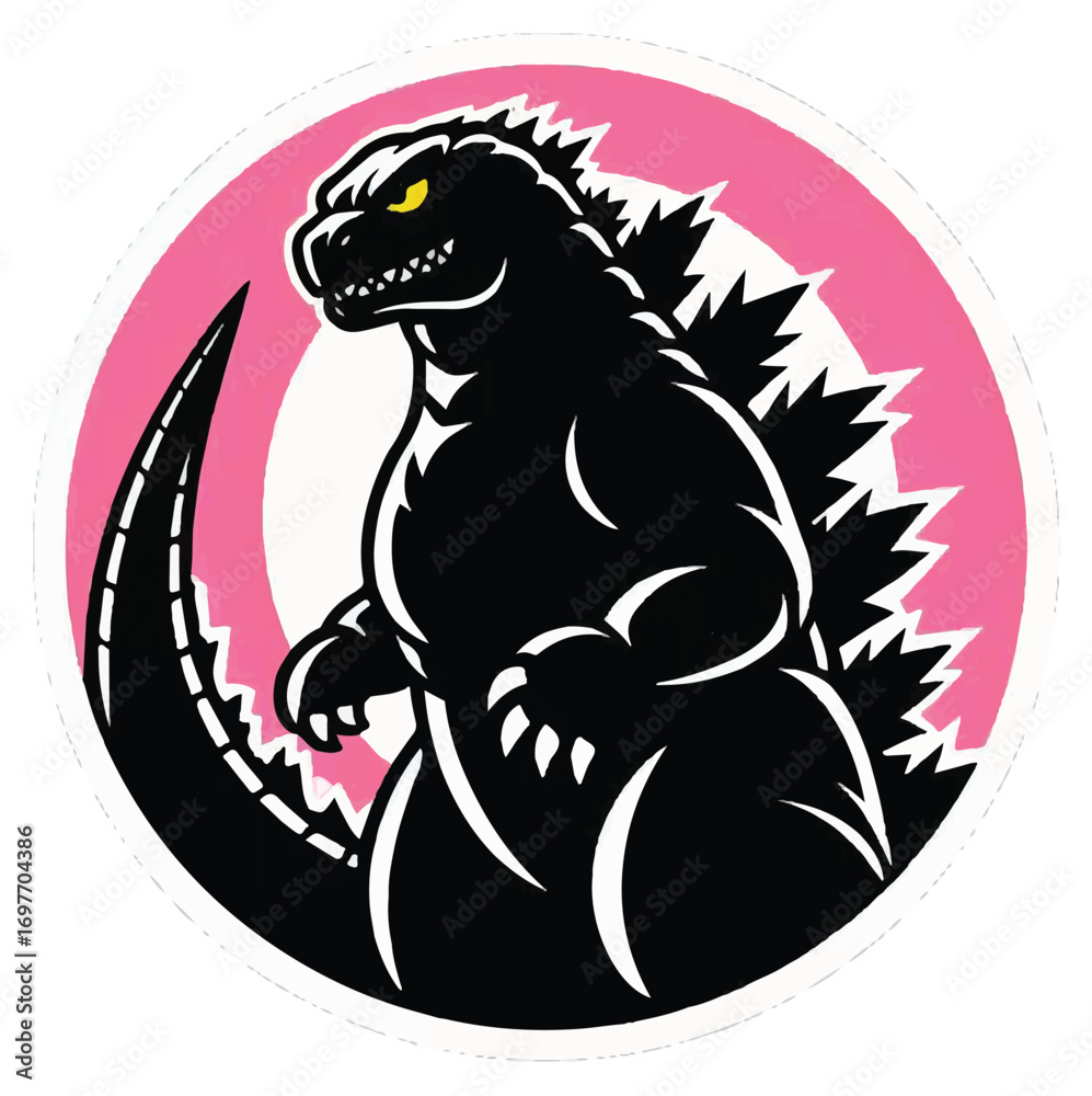 Stylized black Godzilla silhouette with yellow eyes against a pink and ...