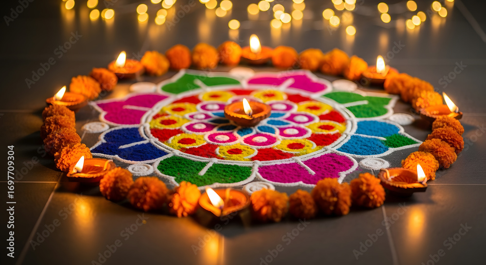 Diwali Rangoli Design with Flowers and Candles for Hindu Festival of ...