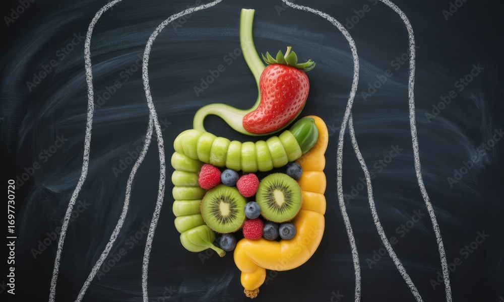 Anatomical illustration of human digestive system formed by fresh ...