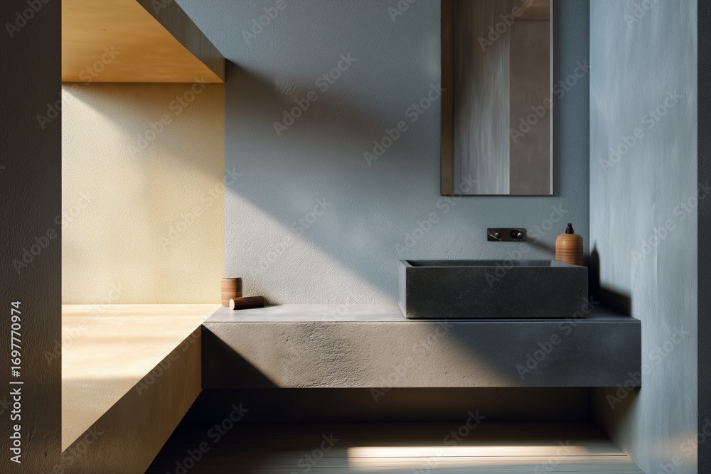 Simple restroom design featuring sleek finishes and angular forms Stock ...