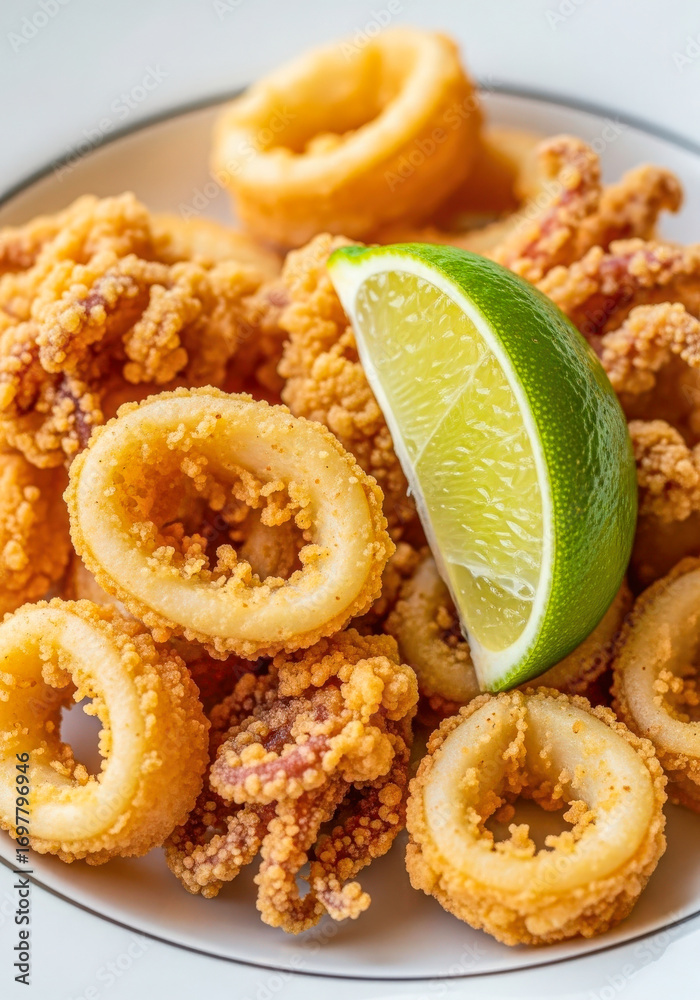 Fried calamari rings with a lime wedge, Mediterranean seafood appetizer ...