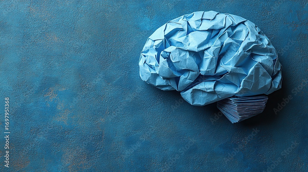 Abstract blue origami brain sculpture on pastel background symbolizing ...