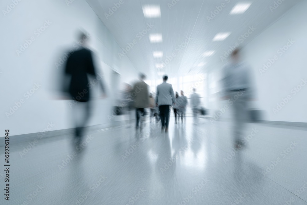 Blurred silhouette parade through sterile corridors, evoking urban ...