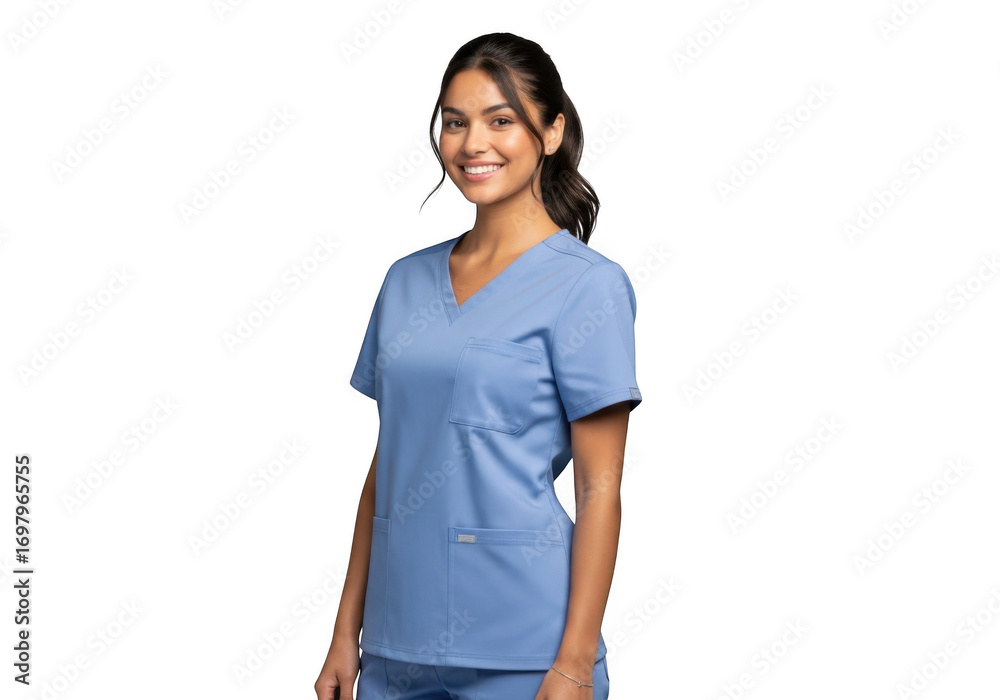 Smiling young woman wearing light blue medical scrubs isolated on ...