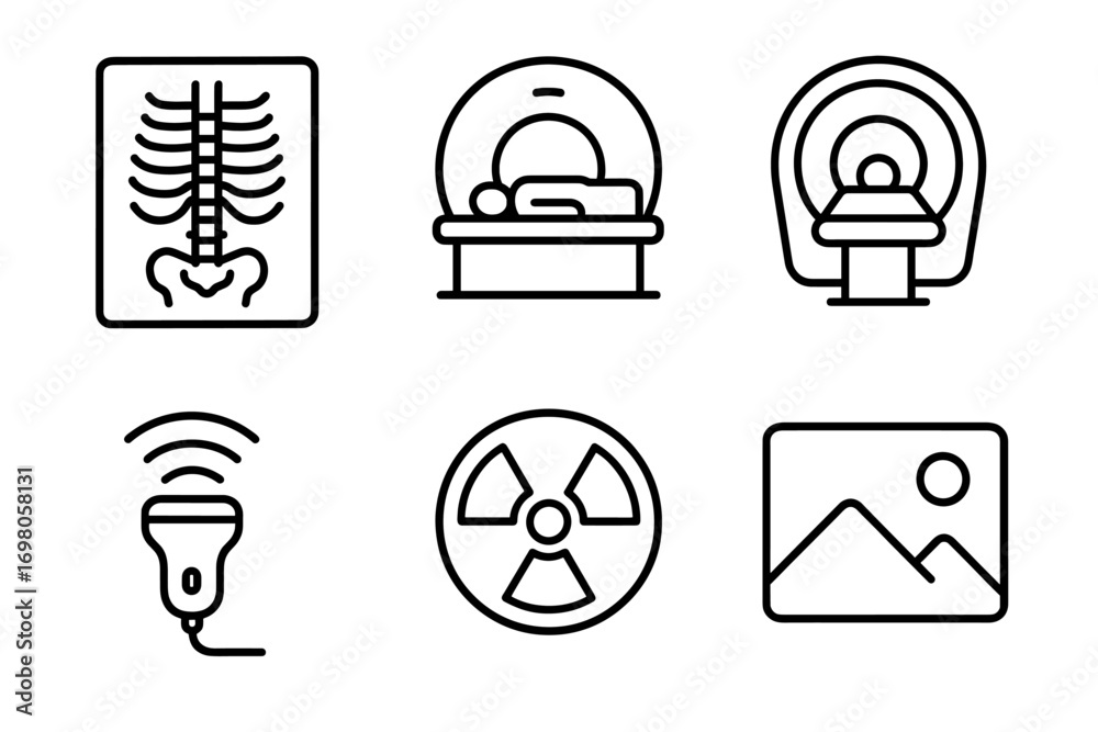 Diagnostic imaging icons: x-ray, mri, ultrasound, radiation, scans ...