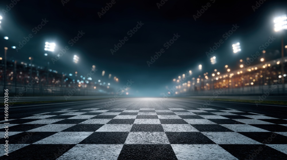 Checkered race track with stadium lights at night during a championship ...