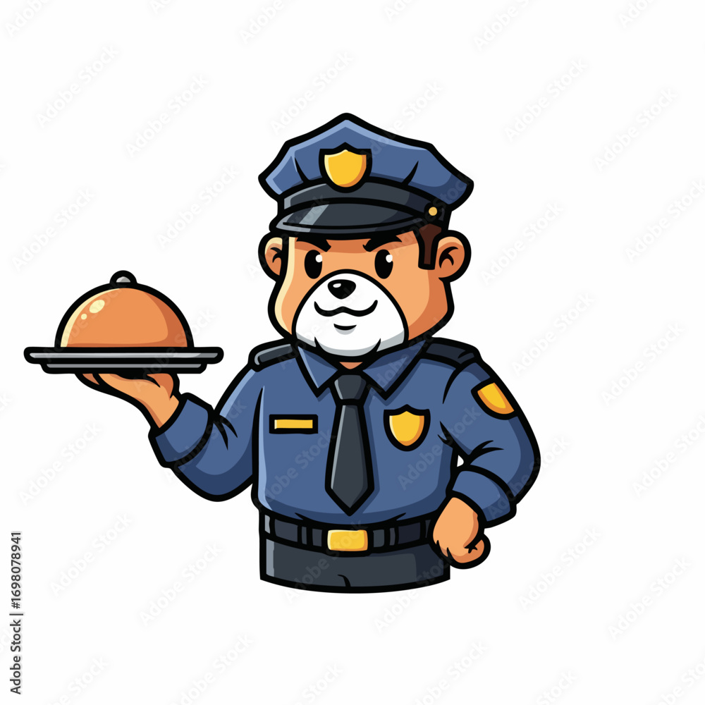 Cartoon bear police officer holding food tray ready to serve a meal ...