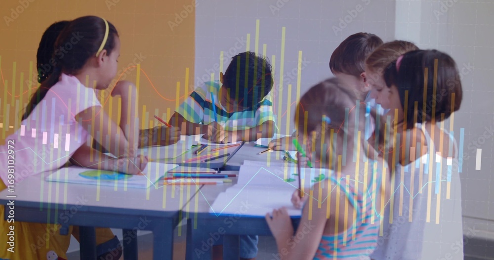Seven classmates drawing and coloring in art room, with pencils crayons ...