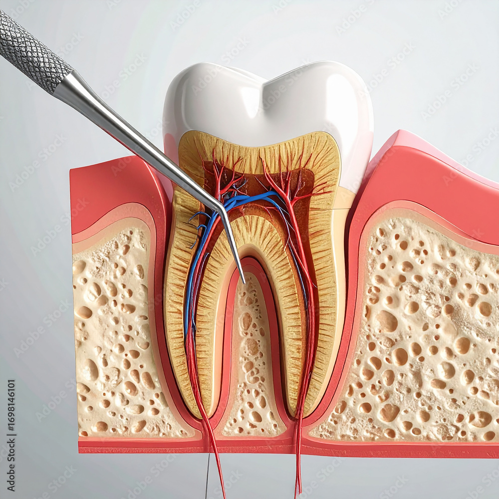 Dental root canal procedure showing nerve removal with instrument tooth ...