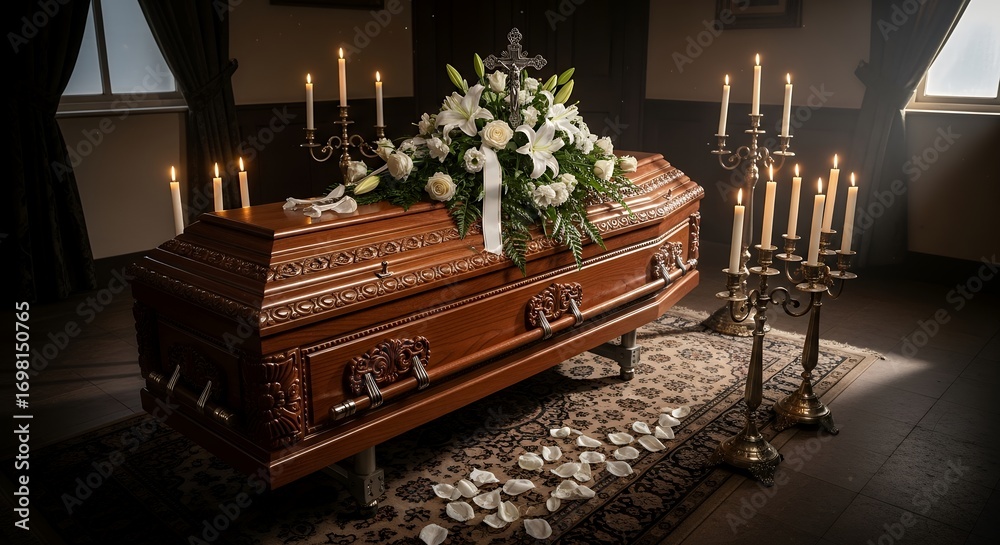 Elegant Wooden Casket with White Floral Arrangement and Candlelit ...