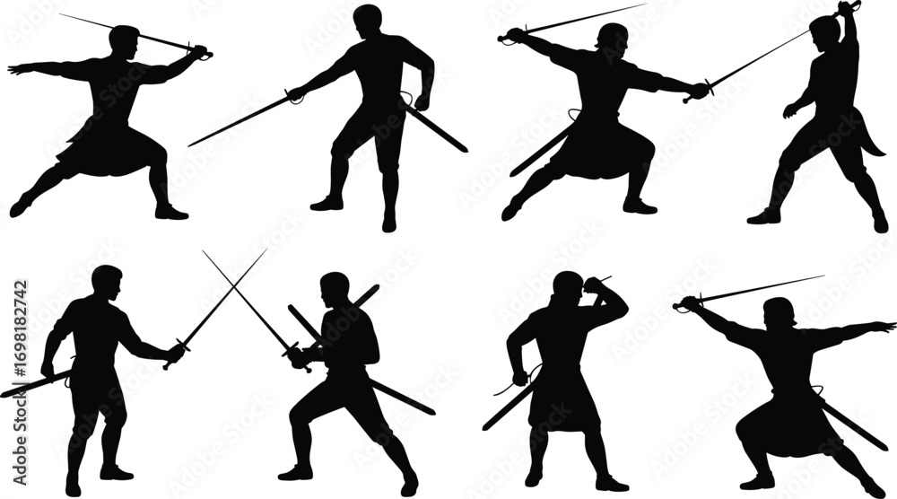 Warrior sword fighting silhouette vector, medieval combat poses ...