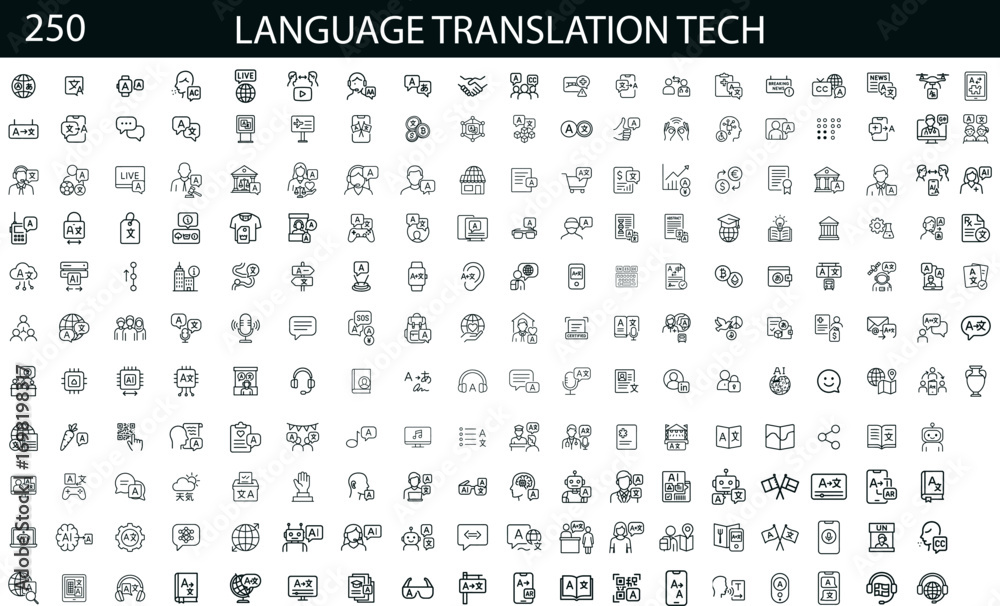 Language Translation Tech Icon Set – 250 Multilingual Symbols for AI ...