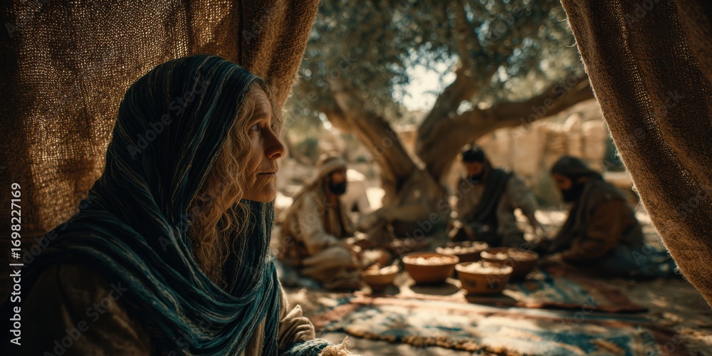 Woman in ancient israelite attire observing men gathered under a tree ...