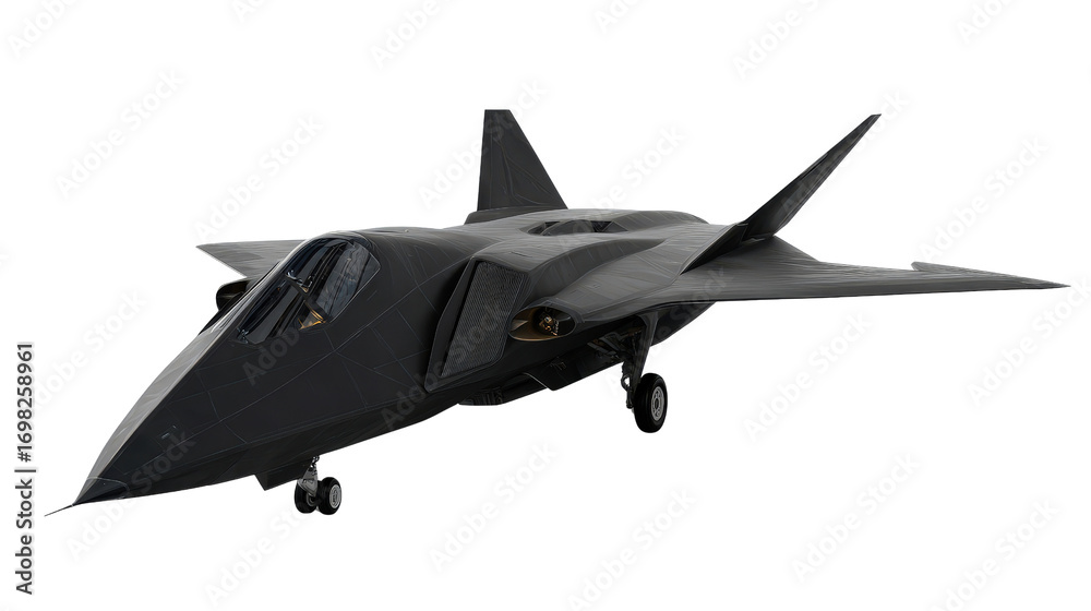 Stealth jet fighter aircraft with matte black body shown in side view ...