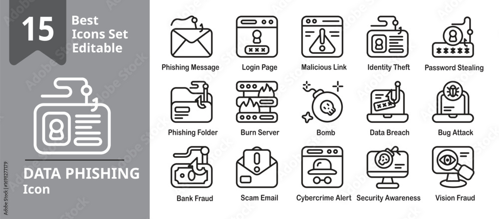 Image vectorielle Stock Set of Data Phishing icons. Contains cam emails ...