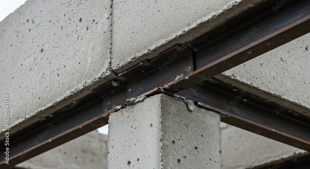 Close-up of concrete beams and steel I-beams forming a building's ...