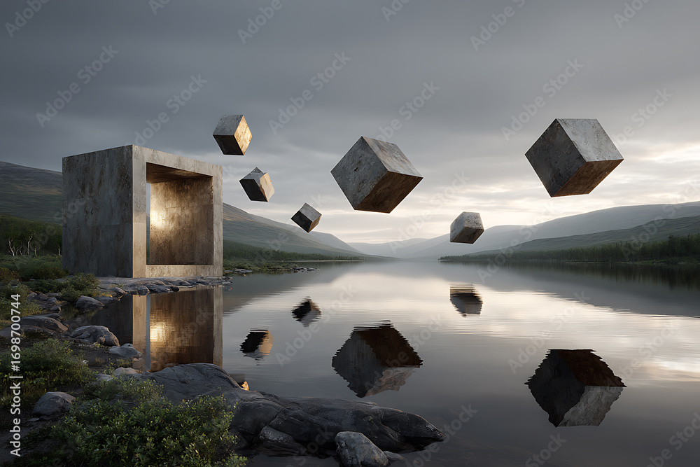 Floating cubes surreal landscape nature reflection art design wallpaper ...