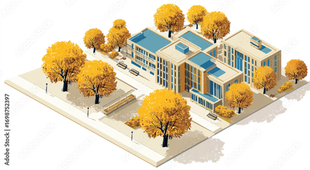 Isometric university or college campus design with trees showing fall ...