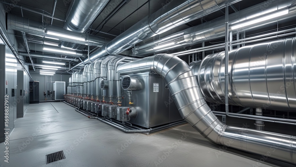 Photo Stock Stainless steel ducts form a modern HVAC system, with sleek ...