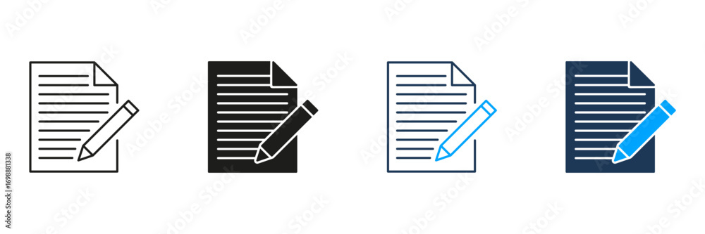 Document With Pencil Line And Solid Icon Set. Writing, Editing, And ...