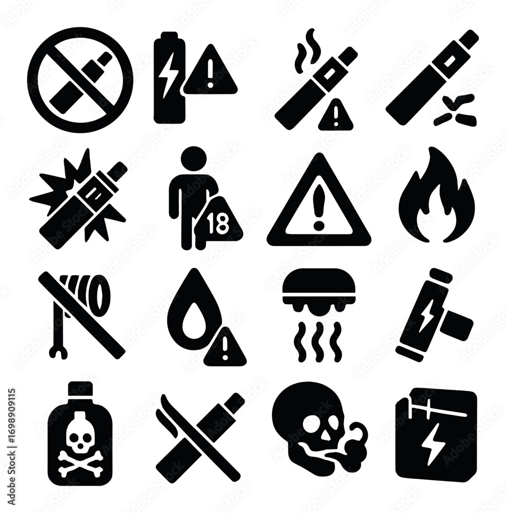 Vape safety silhouette icon set. featuring warning, battery, age ...