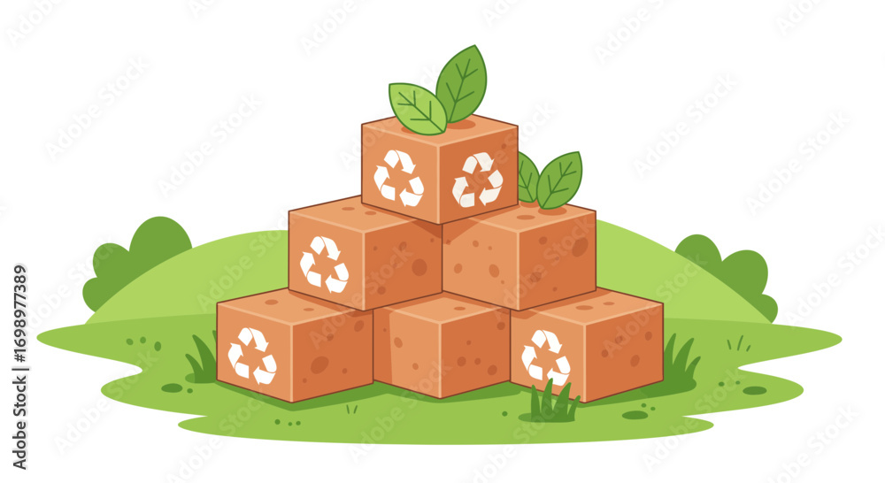 Illustration of stacked brown cubes with recycle symbols and leaves on ...