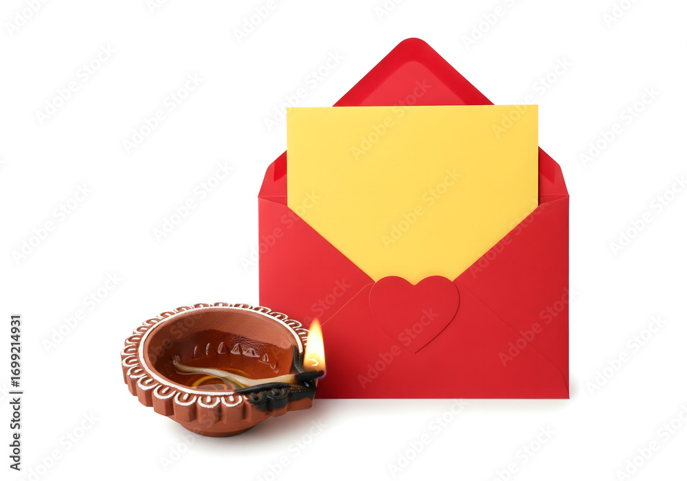 Red envelope with yellow card and traditional clay oil lamp diya ...