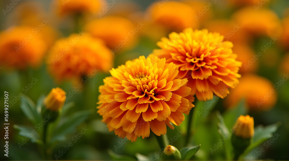Vibrant orange marigolds in a garden setting displaying rich details ...