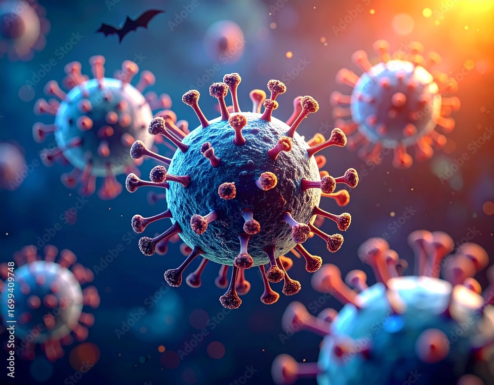 Nipah virus virions near airway cells — zoonotic encephalitis and ...