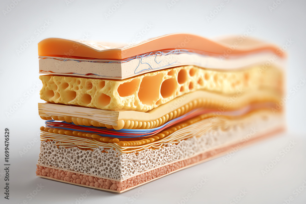 Cross-sectional 3D illustration of human skin layers showing epidermis ...
