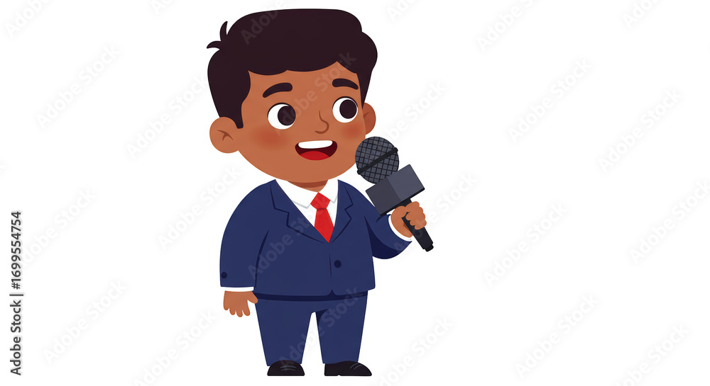 Cute Cartoon Boy News Reporter with Microphone detailed illustration ...