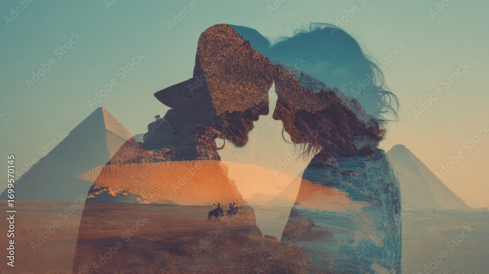 Dreamy Double Exposure of a Romantic Couple Embracing Against the ...