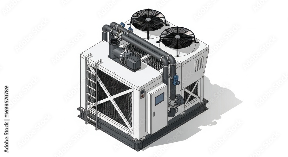 Industrial cooling system unit with fan rendered in isometric ...