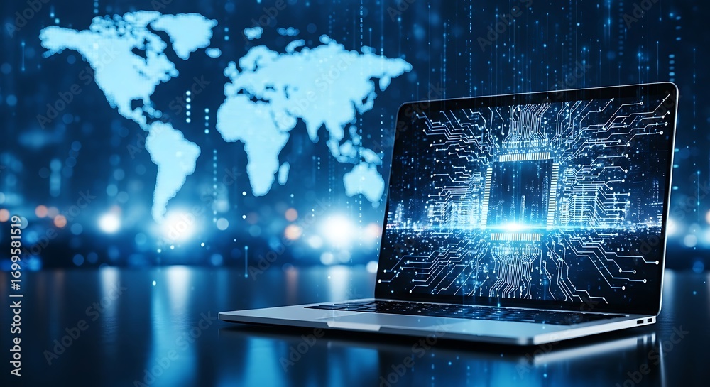 Global technology connection laptop screen displays digital world map ...