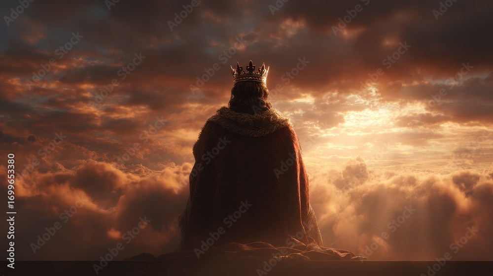 Throne Of God. Back View of Jesus Christ Praying with Crown and Sunrise ...