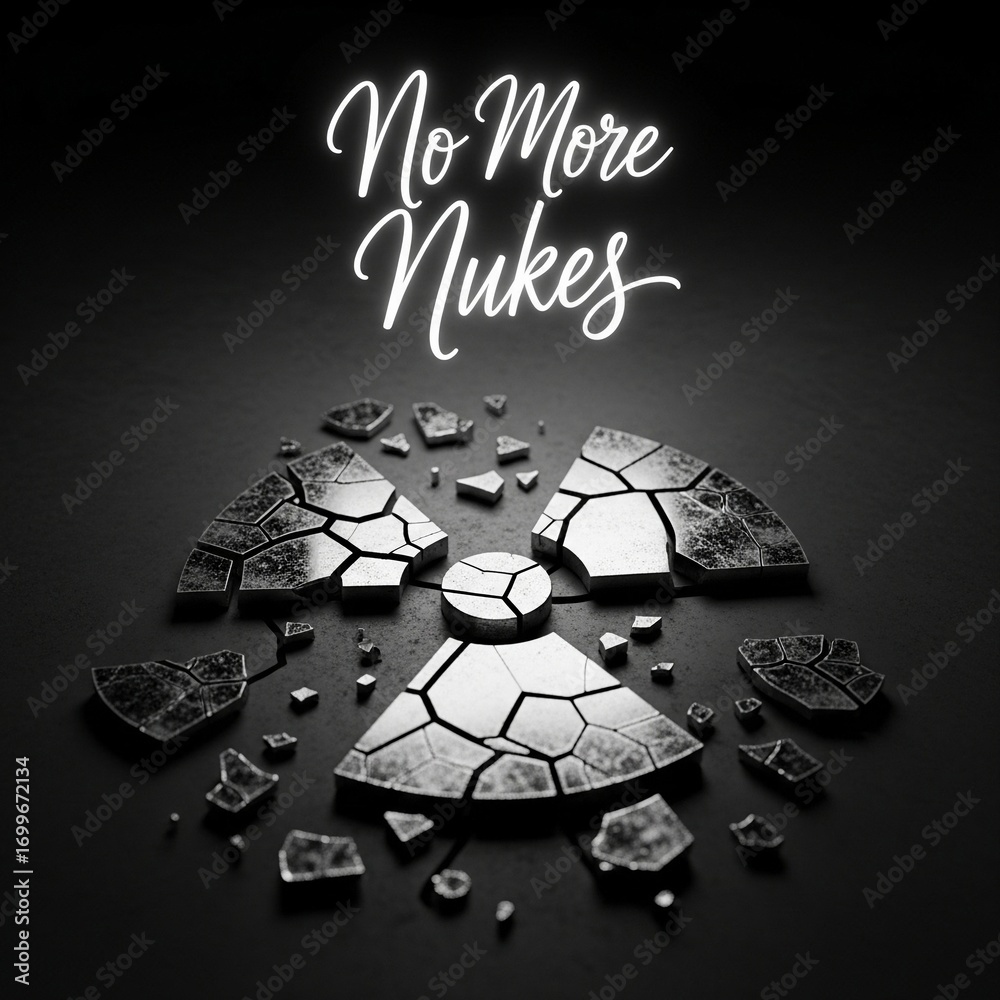 Abstract "No More Nukes" typography with a broken nuclear symbol ...